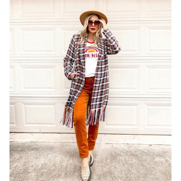 CAbi | Jackets & Coats | Cabi Regency Coat Noble Plaid Longline Fringe ...